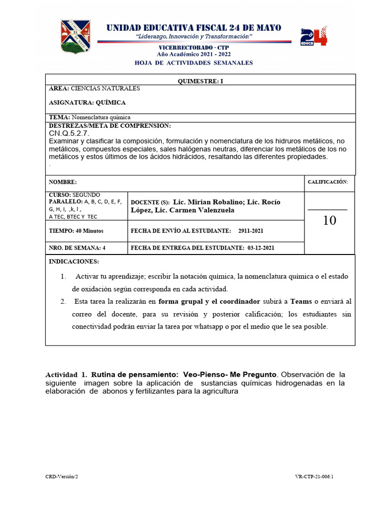 HOJA DE ACTIVIDADES 4 - QUIMICA - SEGUNDOS (1) | PDF | Hidruro | Química