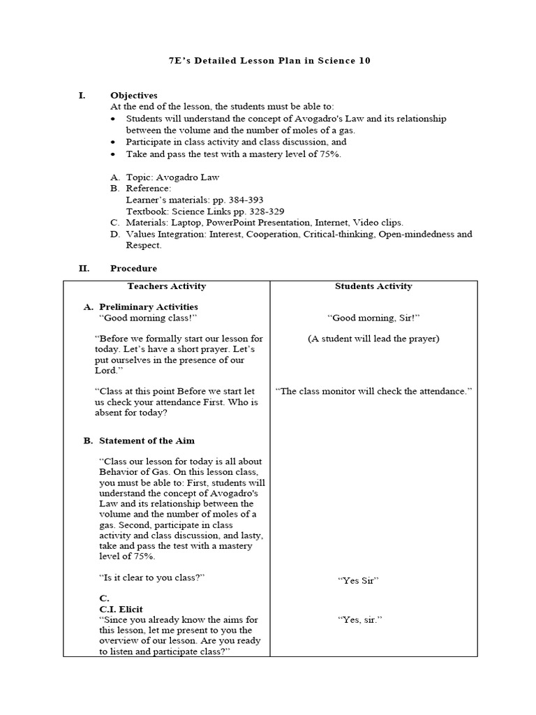 7e's Lesson-Plan Grade 10 - OJT 8 - Avogadro Law | PDF | Gases | Mole ...