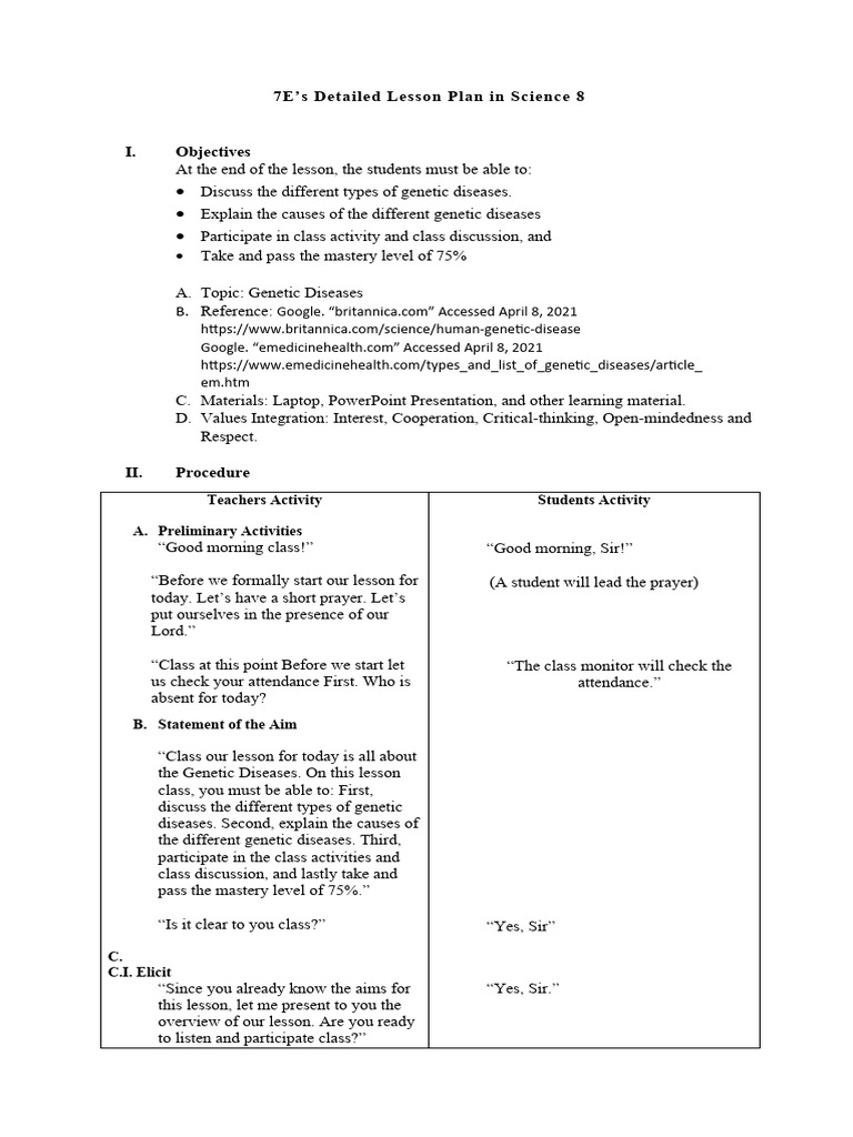 7e's Lesson-Plan Grade 10 - OJT 13 - Genetic Diseases | Download Free ...