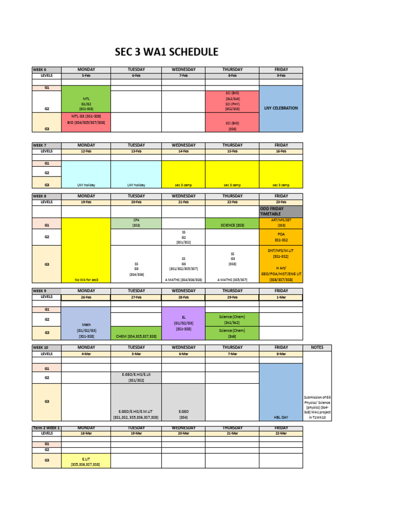 Sec 3 Sem 1 Wa1 and Wa2 Schedule | PDF