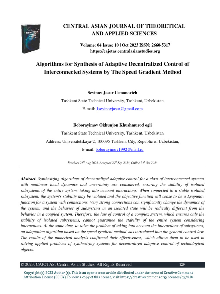 Algorithms For Synthesis of Adaptive Decentralized Control of Interconnected Systems by The ...