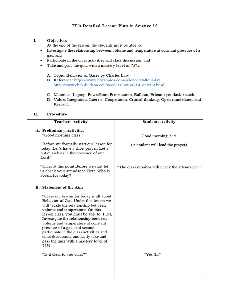 7e's Lesson-Plan Grade 10 - OJT 2 - Charles Law | PDF