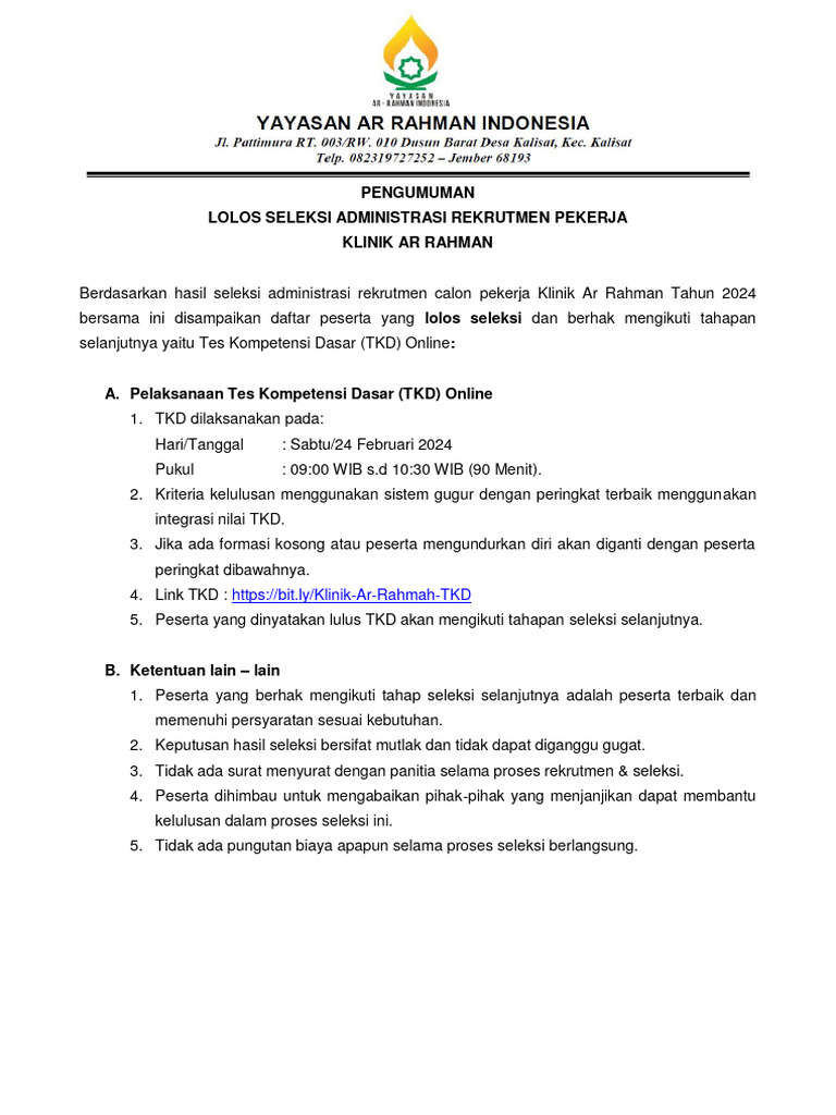 Pengumuman Lolos Seleksi Administrasi Klinik Ar Rahman | PDF | Sains & Matematika