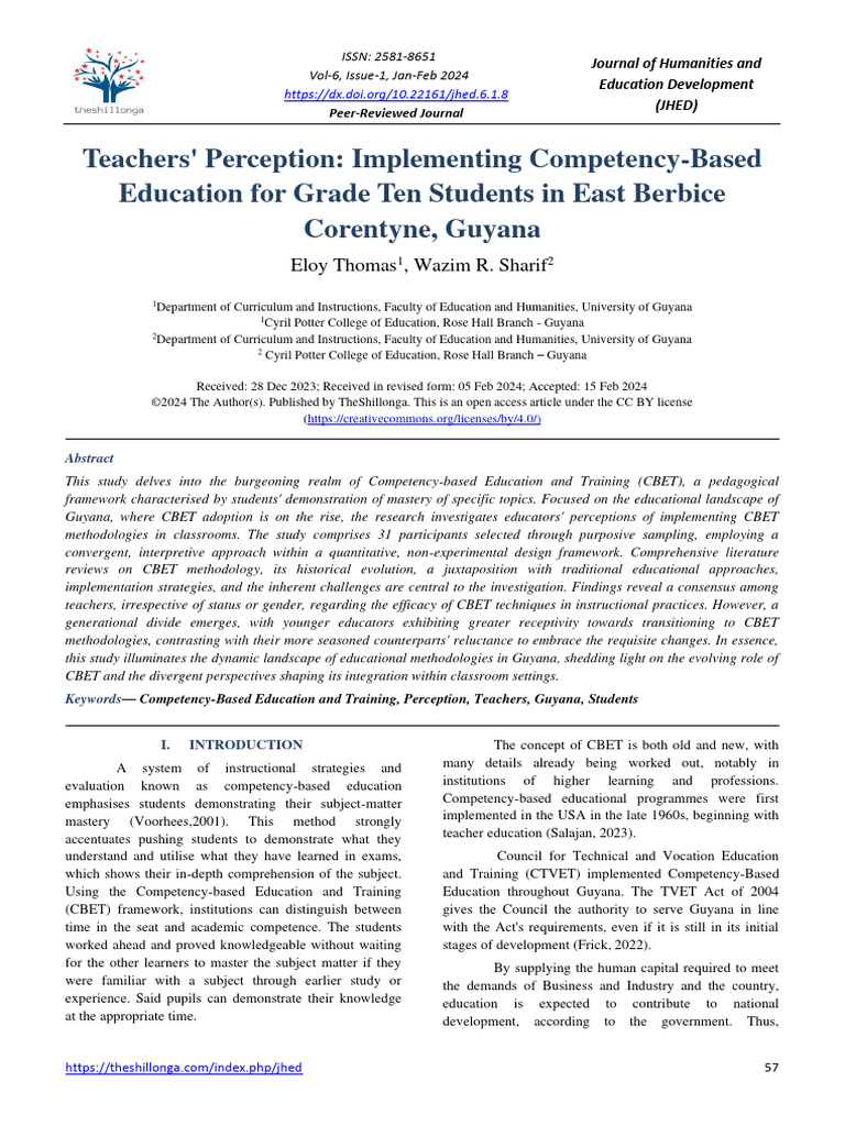 Teachers' Perception: Implementing Competency-Based Education For Grade Ten Students in East ...