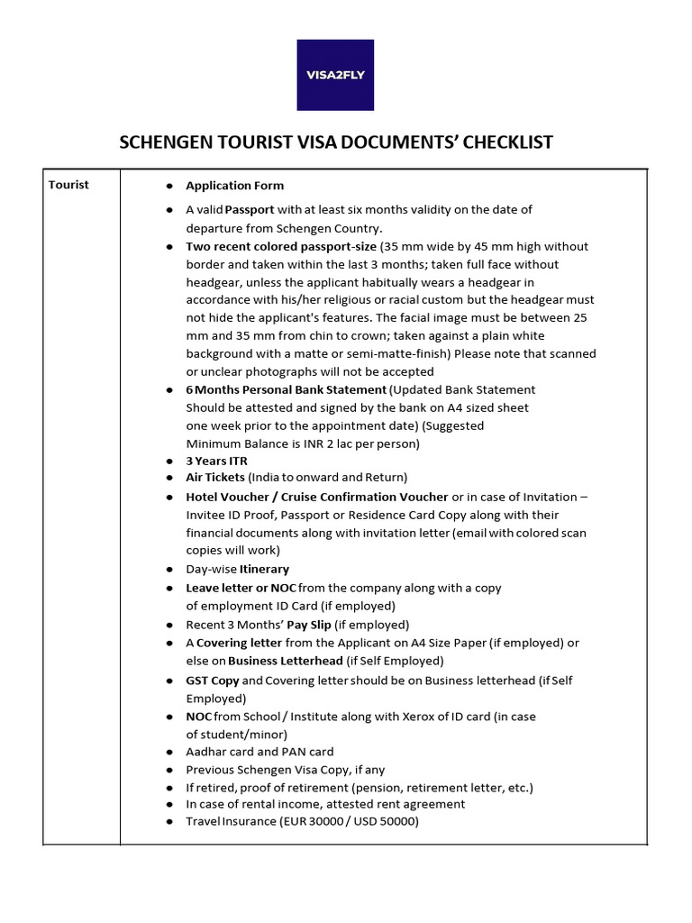 Schengen Tourist Checklist | PDF | Identity Document | Travel Visa