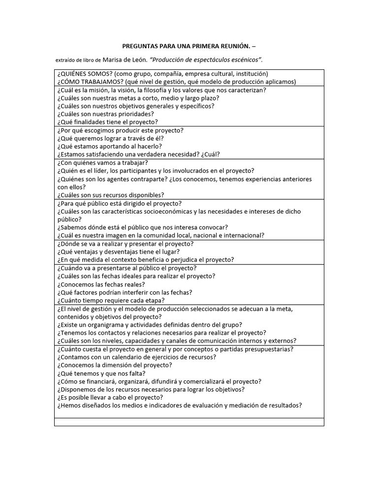 Primeras Preguntas - Primeras Reuniones | PDF | Evaluación | Business