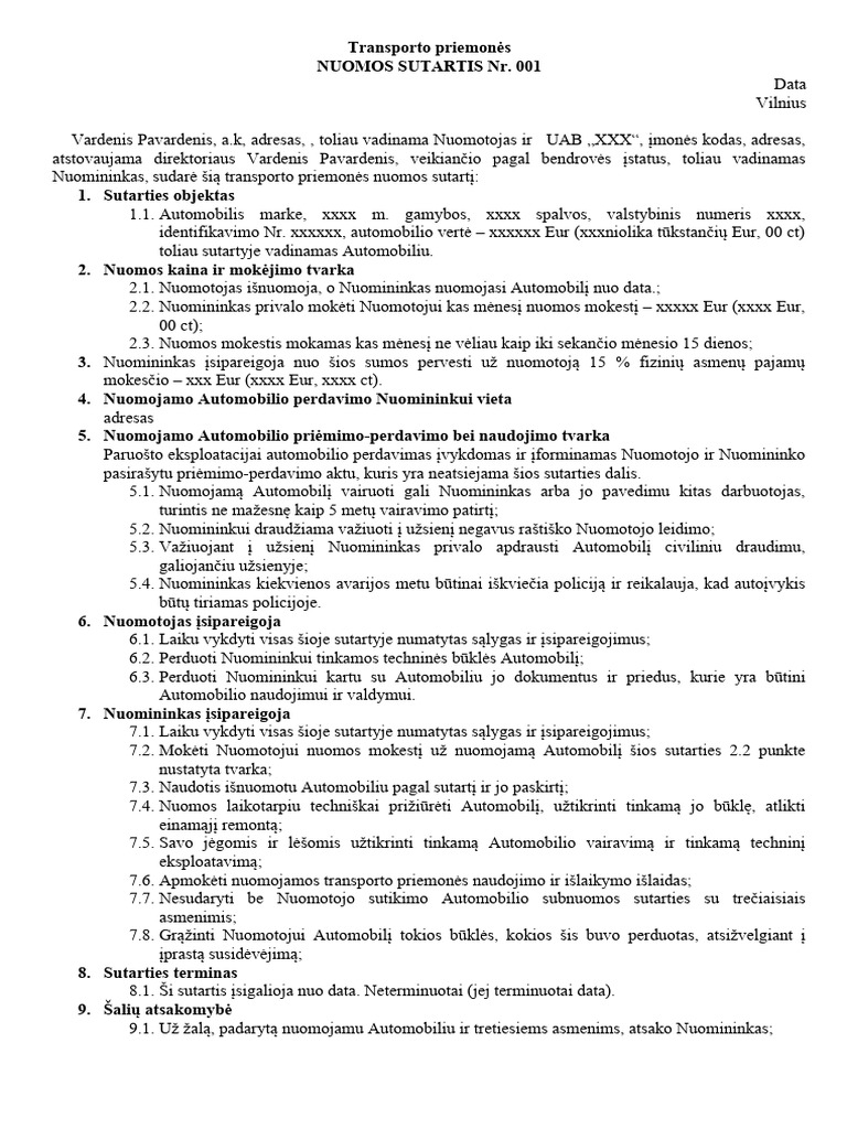 Tr. Priemones Nuomos Sutartis | PDF