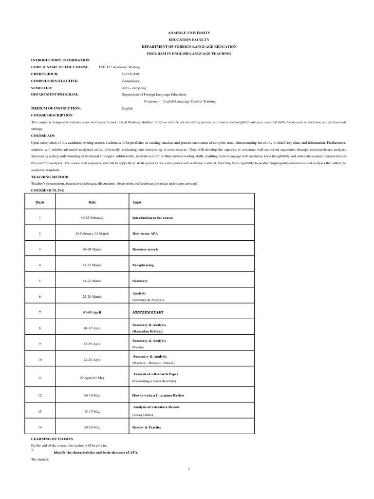 İNÖ152 Academic Writing Syllabus | PDF | Critical Thinking | Methodology
