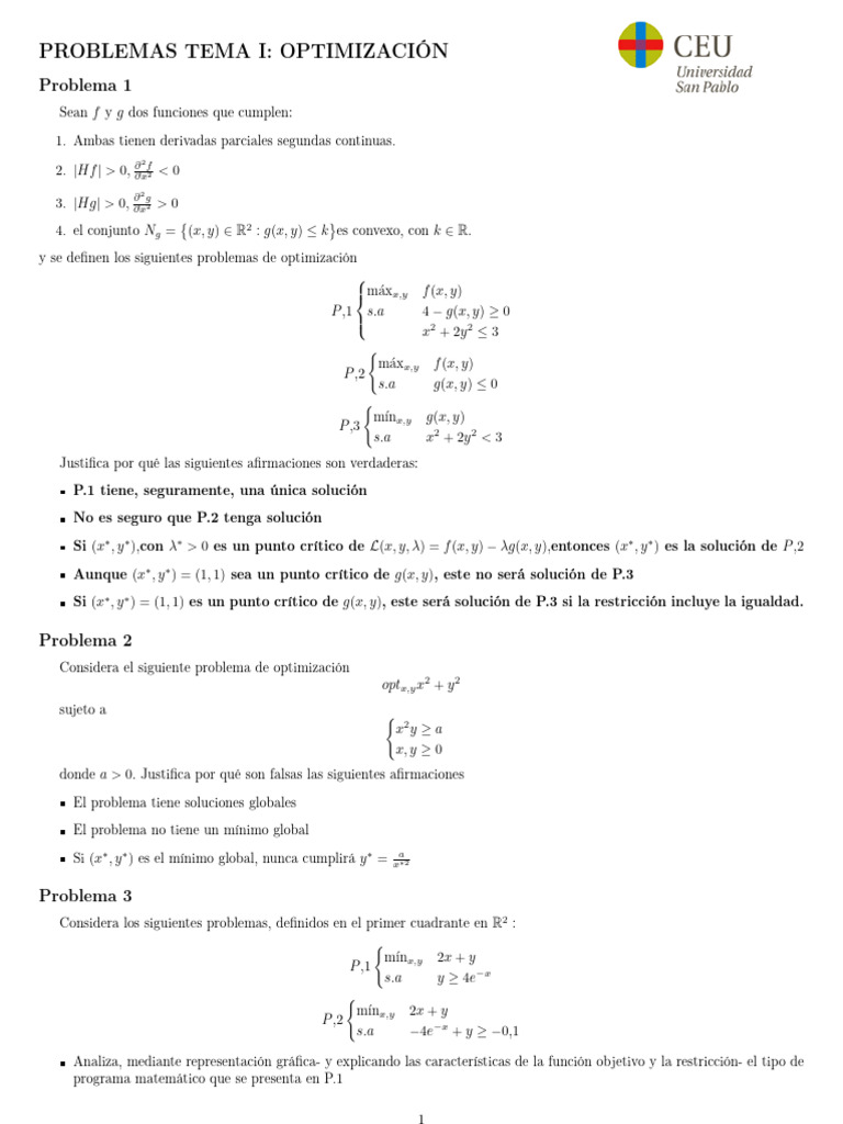 Problemas tema 1 - Optimización (1) | PDF | Optimización Matemática
