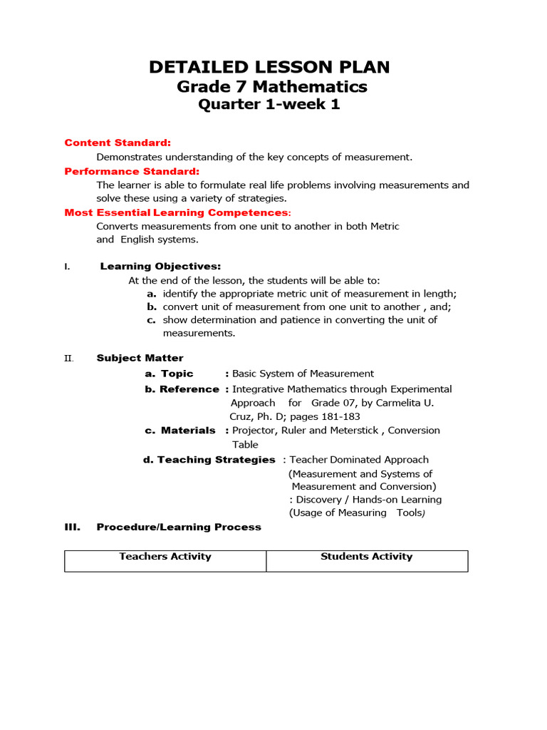 4as Lesson Plan | PDF | Foot (Unit) | Measurement