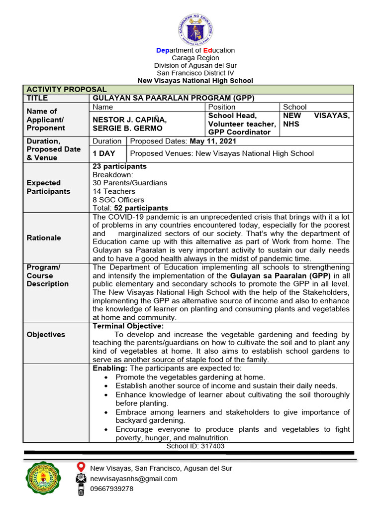 Activity Proposal NVNHS GPP | PDF | Learning | Malnutrition