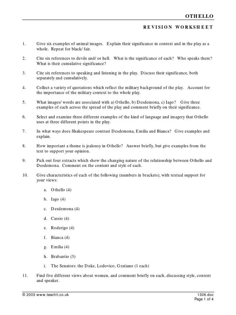 Othello: Revision Worksheet | PDF | Othello | Iago