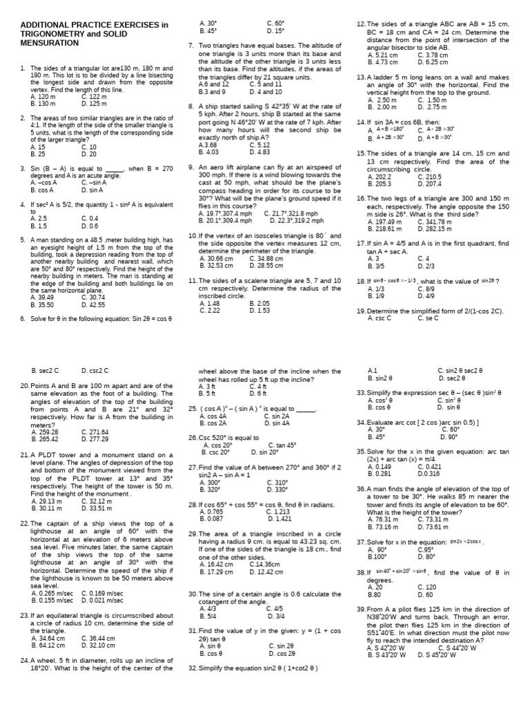 Trigonometry And Solid Mensuration Additional Exercises Pdf Triangle Angle 4326