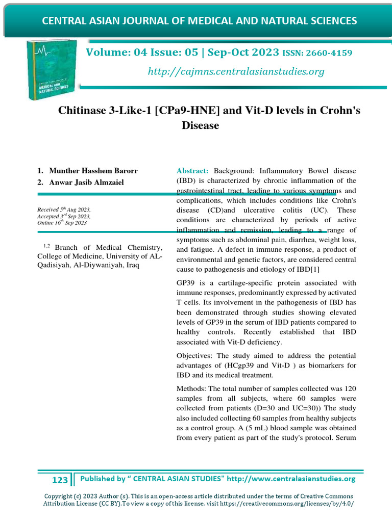 Chitinase 3-Like-1 (CPa9-HNE) and Vit-D Levels in Crohn's Disease | PDF | Inflammatory Bowel ...