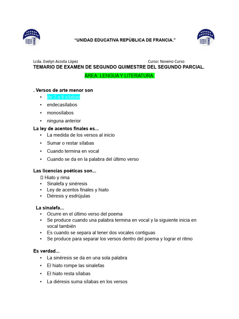 Temario de Examen de Segundo Quimestre Del Segundo Parcial.: de 2 A 8 Sílabas | PDF | Poesía ...