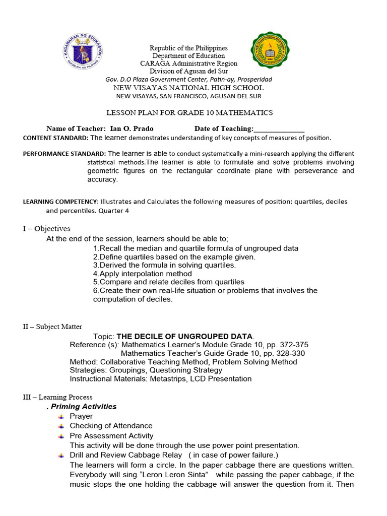 Grade 10 Decile of Ungrouped Data Lesson Plan | PDF | Learning | Lesson Plan
