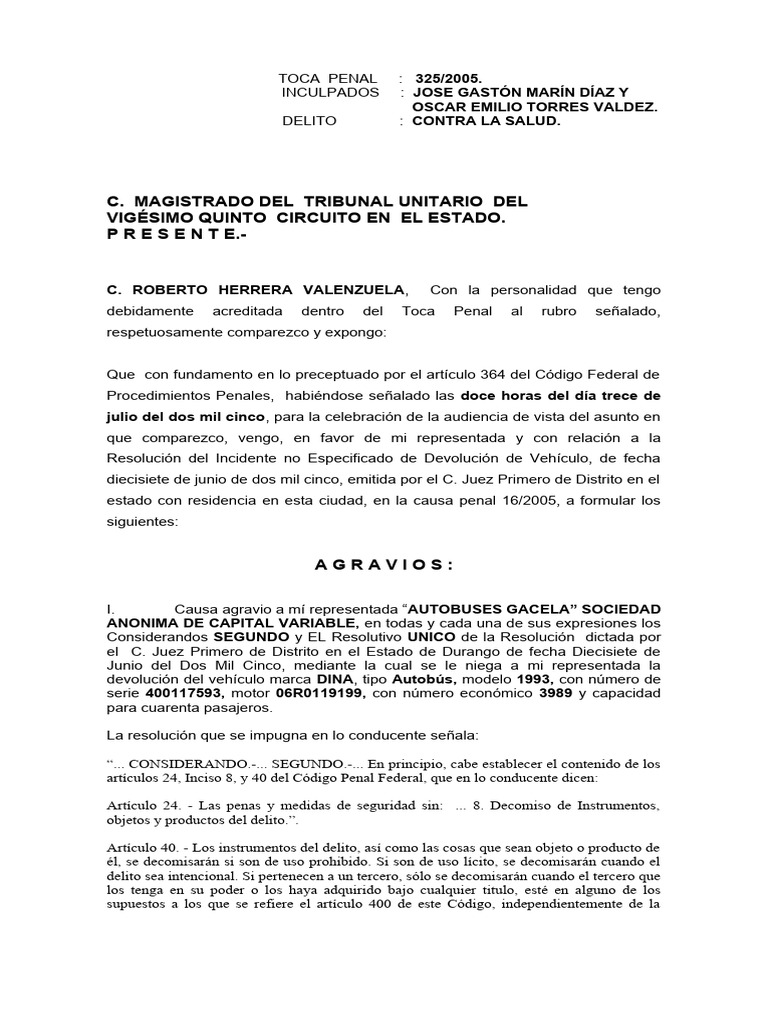 Agravios, Penal Dev. de Vehic. | PDF | Sentencia (ley) | Derecho penal