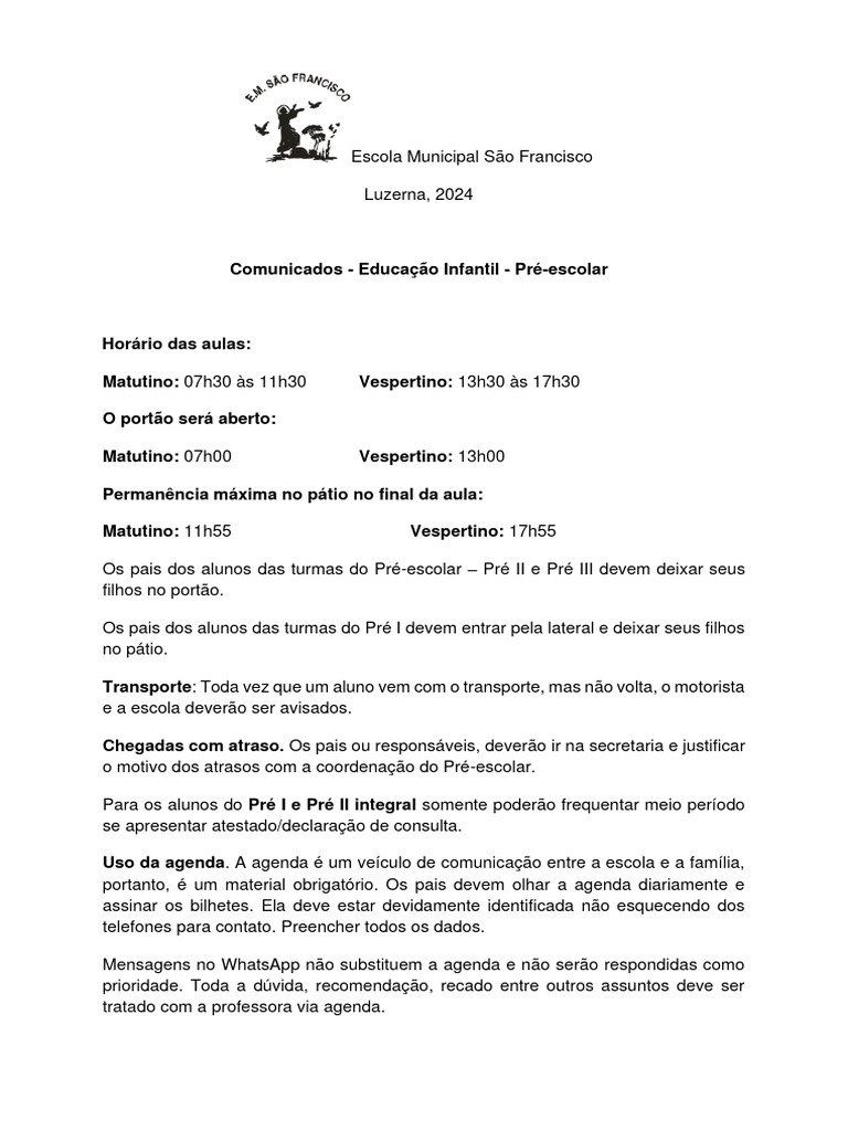 Comunicados - Normas - Pré-Escolar | PDF | Escolas