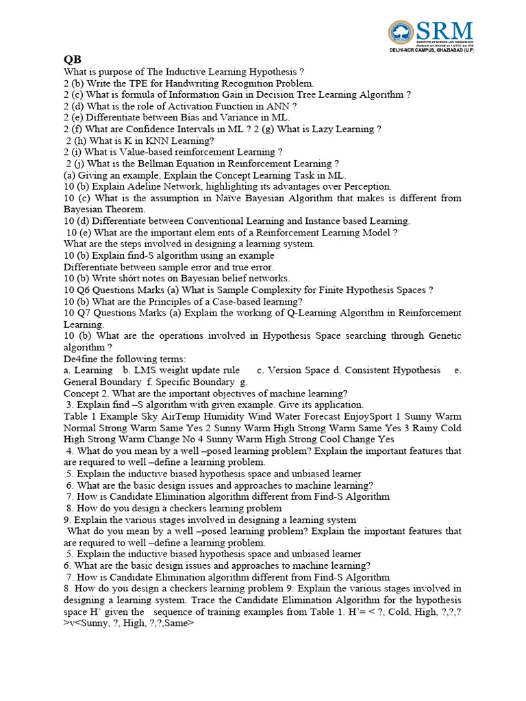 Question Bank | PDF | Errors And Residuals | Machine Learning