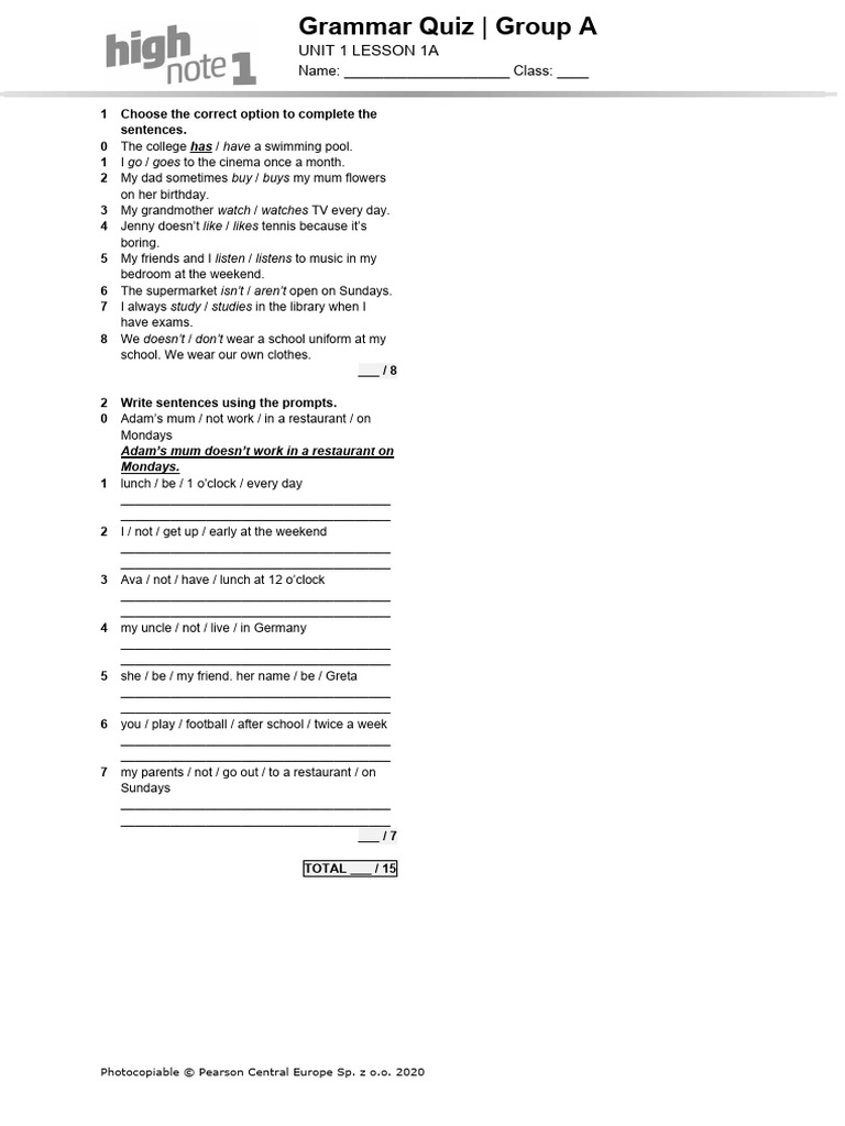 HighNote1 U1A Grammar Quiz A | PDF