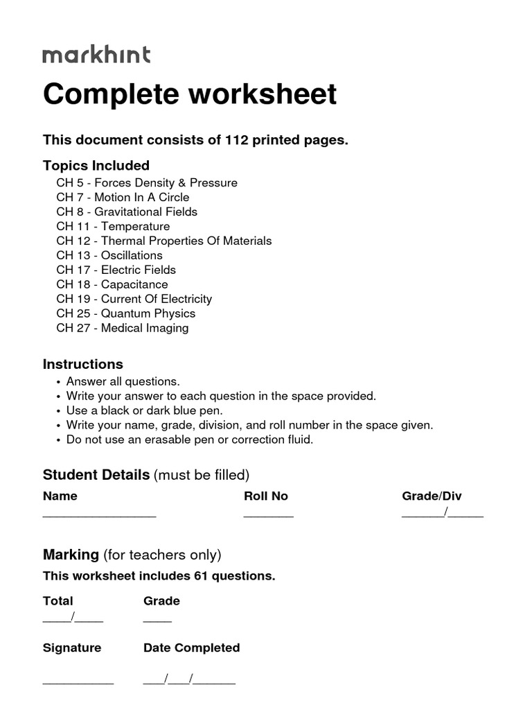 Complete Worksheet | PDF | Physical Chemistry | Materials Science