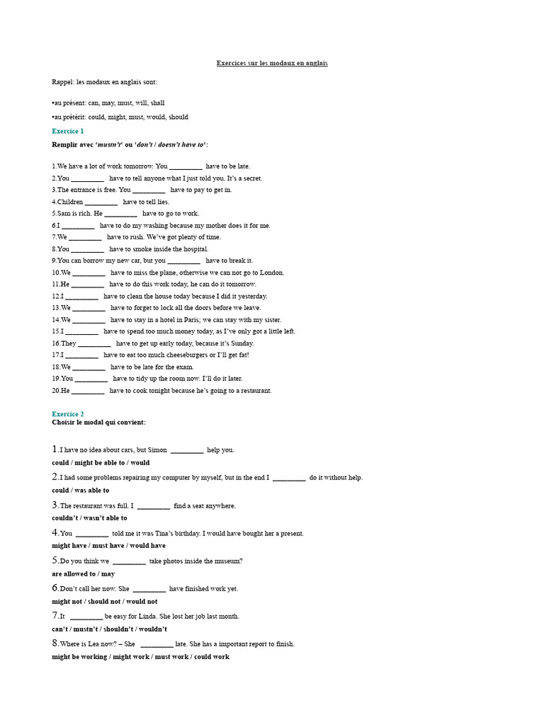 Exercices sur les modaux en anglais | PDF