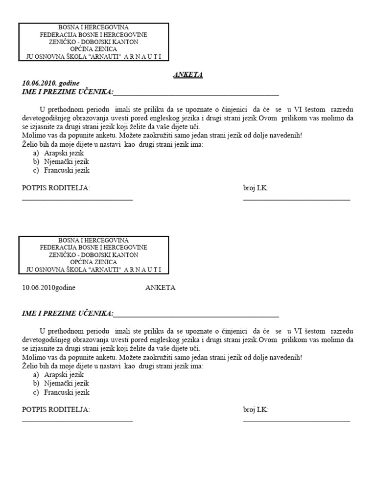 Anketa Za Dr. Strani Jezik | PDF