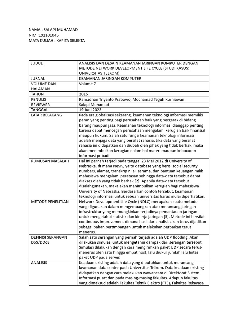 Resume Jurnal Desain Jaringan Keamanan Dengan Metode NDLC | PDF