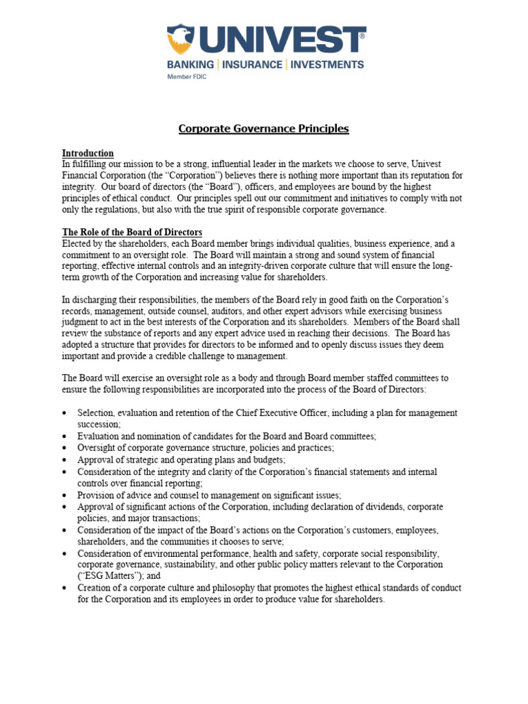 Corporate Governance Principles - October 2022 Final | PDF | Board Of ...