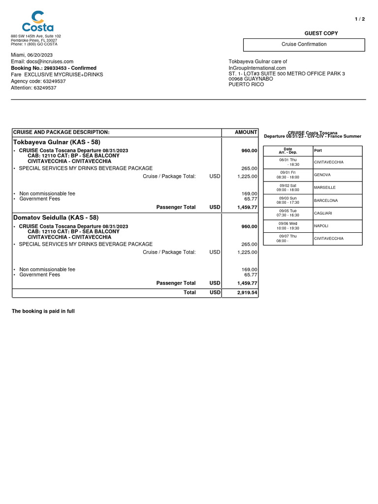 Costa Cruise Confirmation | PDF | Insurance | Fare