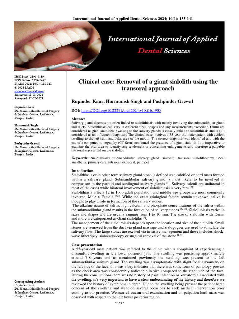 Clinical Case: Removal of A Giant Sialolith Using The Transoral ...