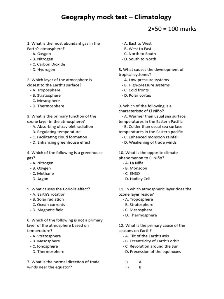 Climatology Mock Test | PDF | Atmosphere Of Earth | Precipitation