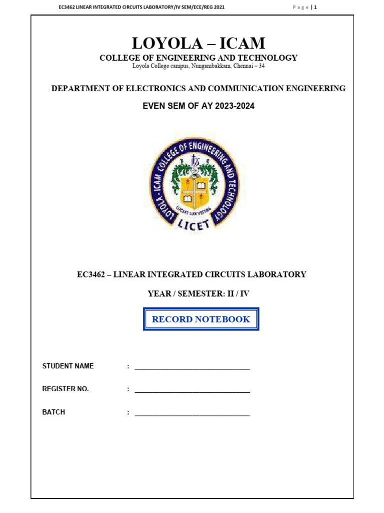 LIC - Lab Record - 2023-24 | PDF | Electronic Oscillator | Amplifier
