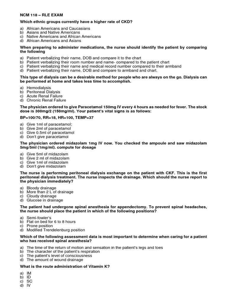 NCM 118 Rle Exam Prelim | PDF | Hemodialysis | Chronic Kidney Disease