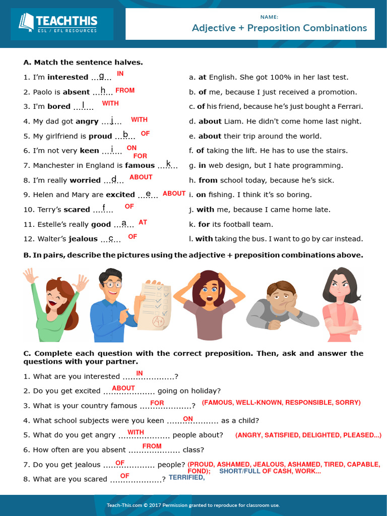 Adjective Preposition Combinations Interactive Worksheet | PDF