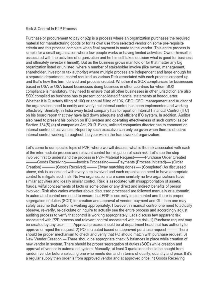 P2P Process: Risks and Controls Overview | PDF | Internal Control ...