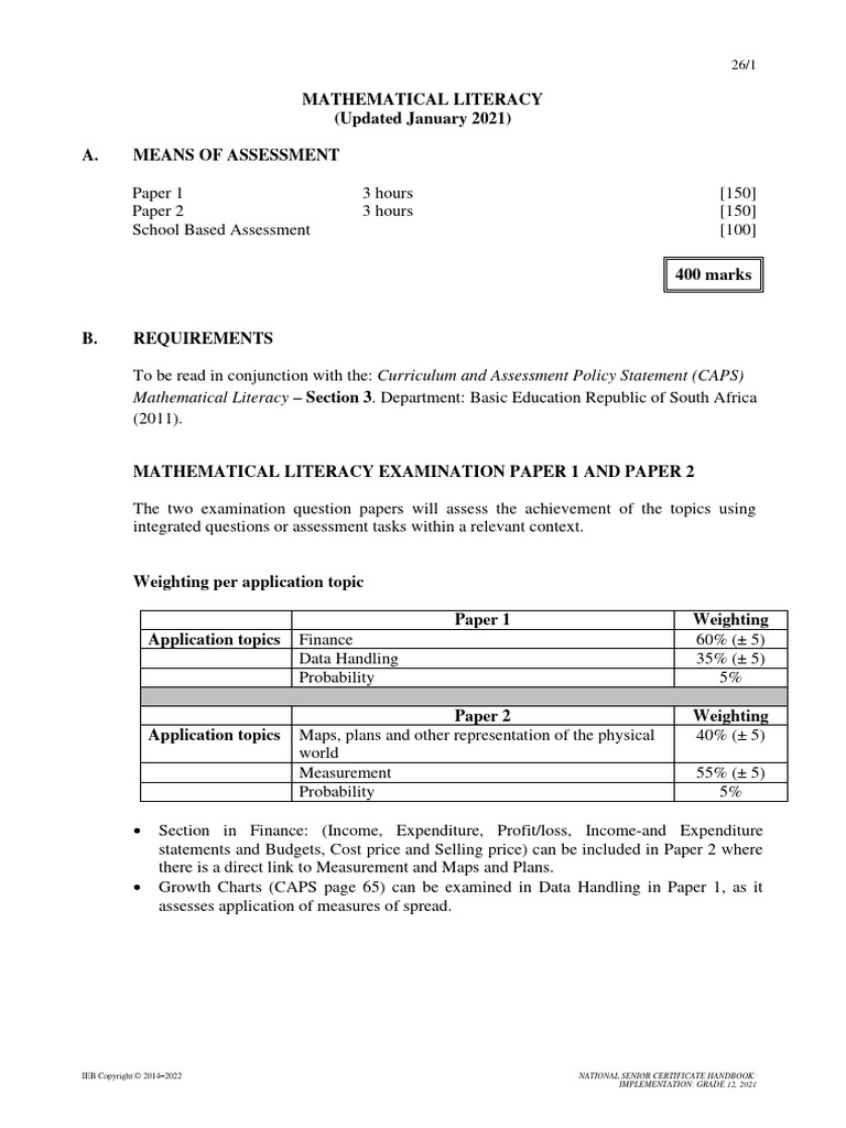 MATHEMATICAL LITERACY 2022 (Updated Jan 2021) | Download Free PDF | Mathematics | Learning