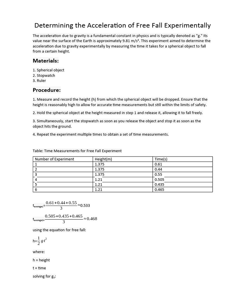 Determining The Acceleration of Free Fall Experimentally | PDF | Experiment | Gravity