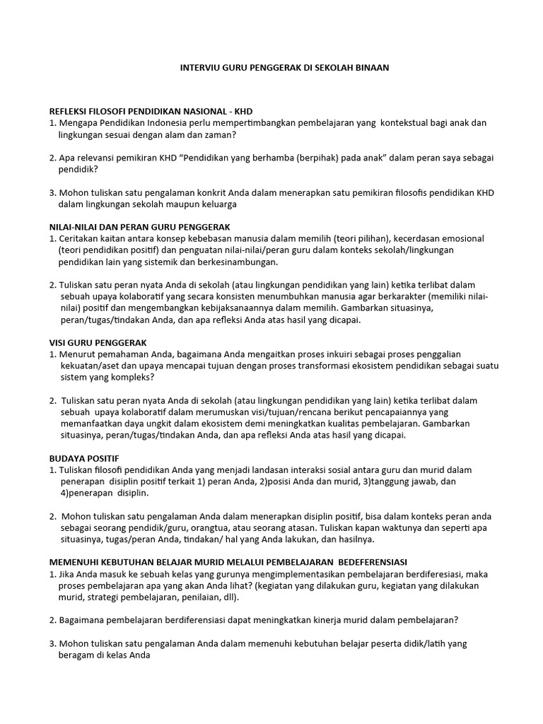 Soal Interview Guru Penggerak Disekolah | PDF | Karier & Perkembangan | Sains & Matematika