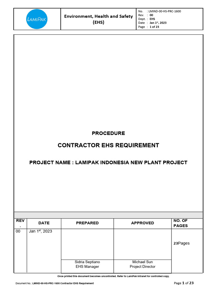 LMIND-00-HS-PRC-1600 Contractor EHS Requirement - Original | PDF | Occupational Safety And ...