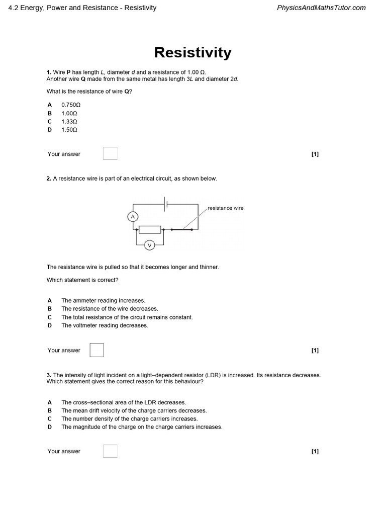 4.2 Energy, Power and Resistance - Resistivity QP | PDF