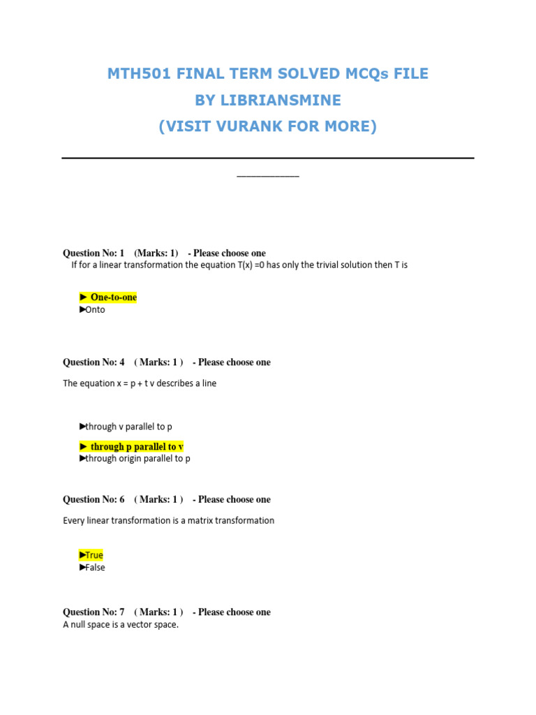 Mth501 Final Term Solved Paper | PDF | Matrix (Mathematics) | System Of Linear Equations