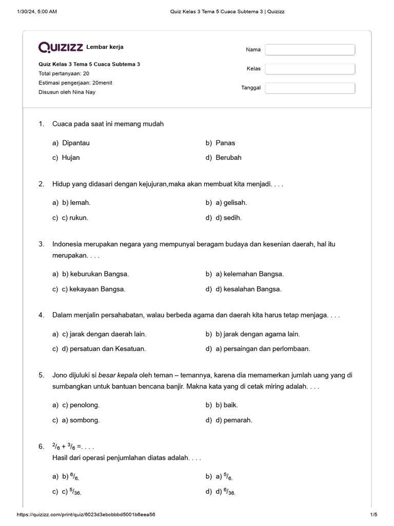 Quiz Kelas 3 Tema 5 Cuaca Subtema 3 - Quizizz | PDF