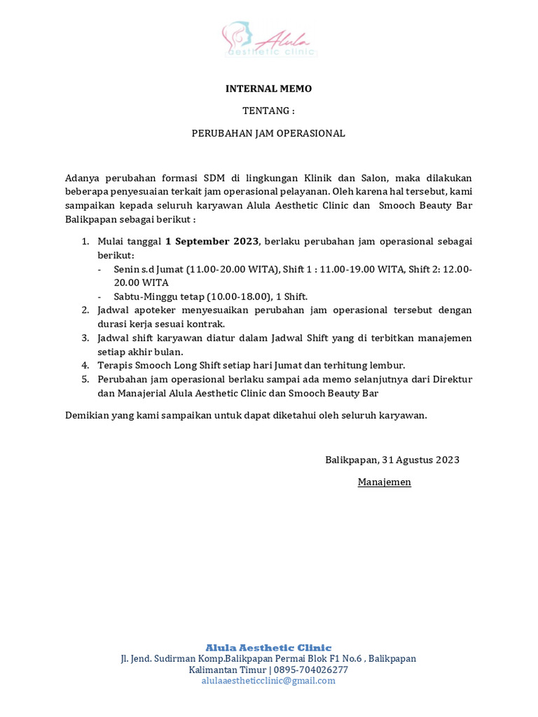 MEMO PERUBAHAN JAM OPERASIONAL Acc | PDF | Bisnis | Kesehatan Holistik