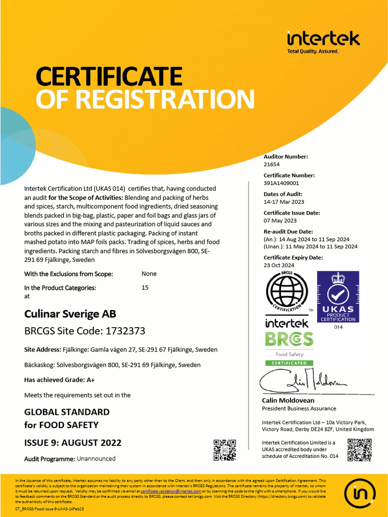 BRC Certificate Global Standard For Food Safety Culinar 3 1 | PDF ...