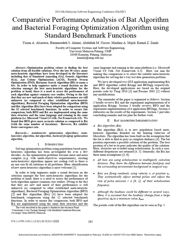 Comparative Performance Analysis of Bat Algorithm and Bacterial Foraging Optimization Algorithm ...