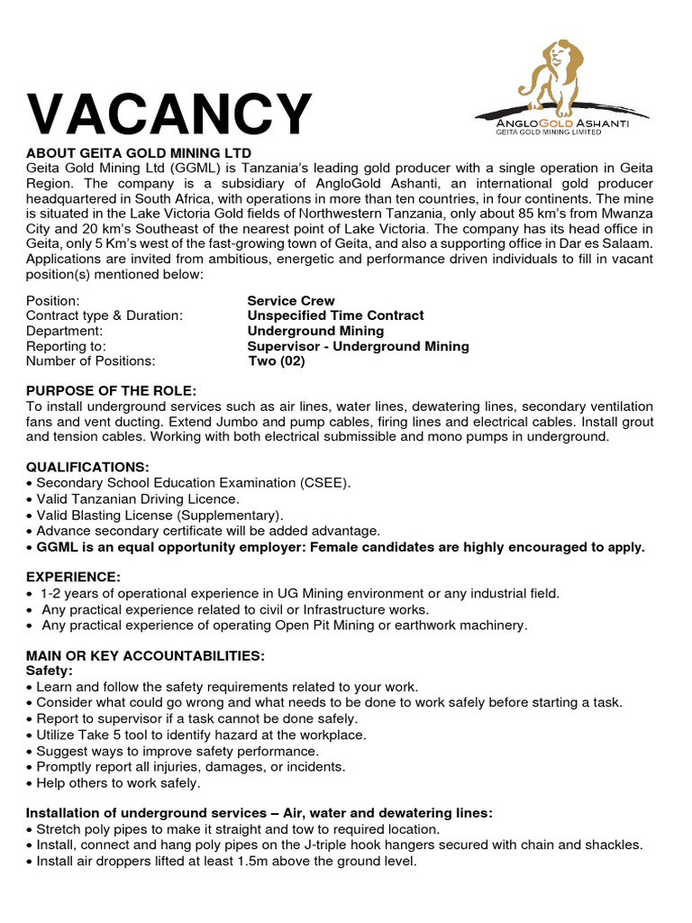 GEITA GOLD Vacancies | PDF | Safety | Personal Protective Equipment