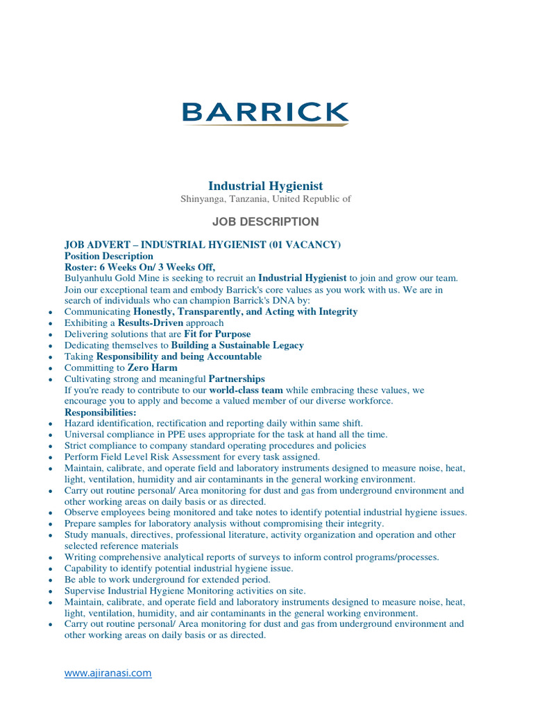 BARRICK CORPORATION Vacancies | PDF | Occupational Hygiene | Pharmacy