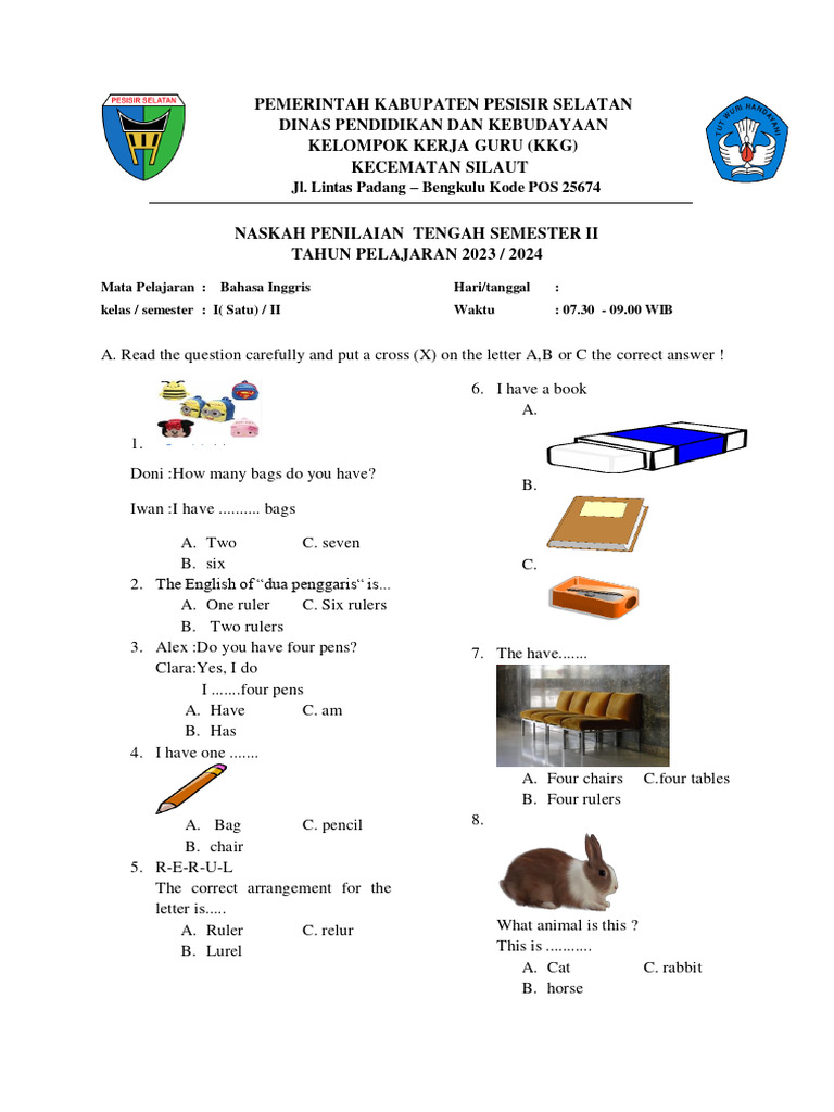 Soal Uts Bahasa Inggris Kelas 1 | PDF