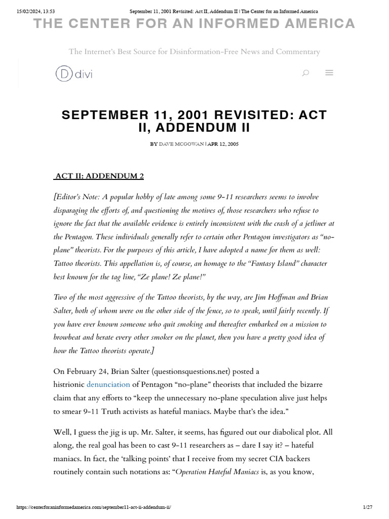 September 11, 2001 Revisited_ Act II, Addendum II _ The Center for an ...